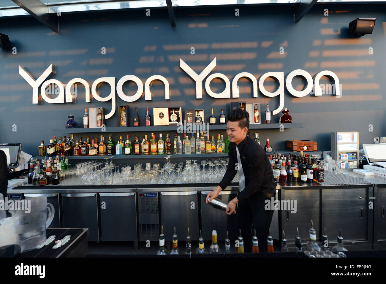 The beautiful 'Yangon Yangon' sky bar in Yangon's city center Stock ...
