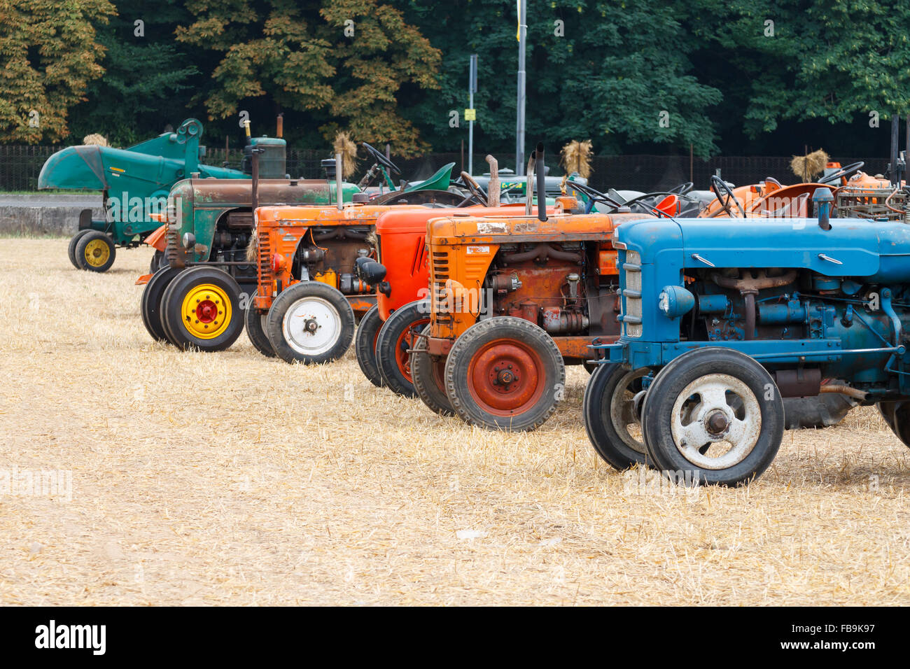Detail of old tractors in perspective, agricultural vehicle, rural life ...
