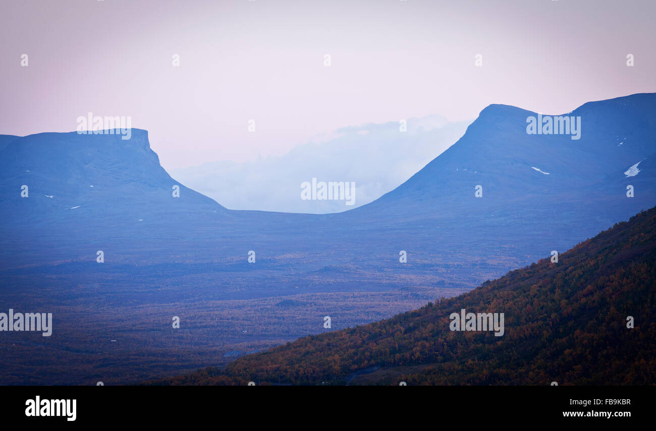 Nordic mountains in late evening lit, autumn fall. Well known landmark ...