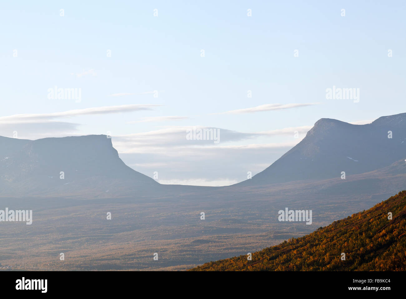 Nordic mountains in late evening lit, autumn fall. Well known landmark ...