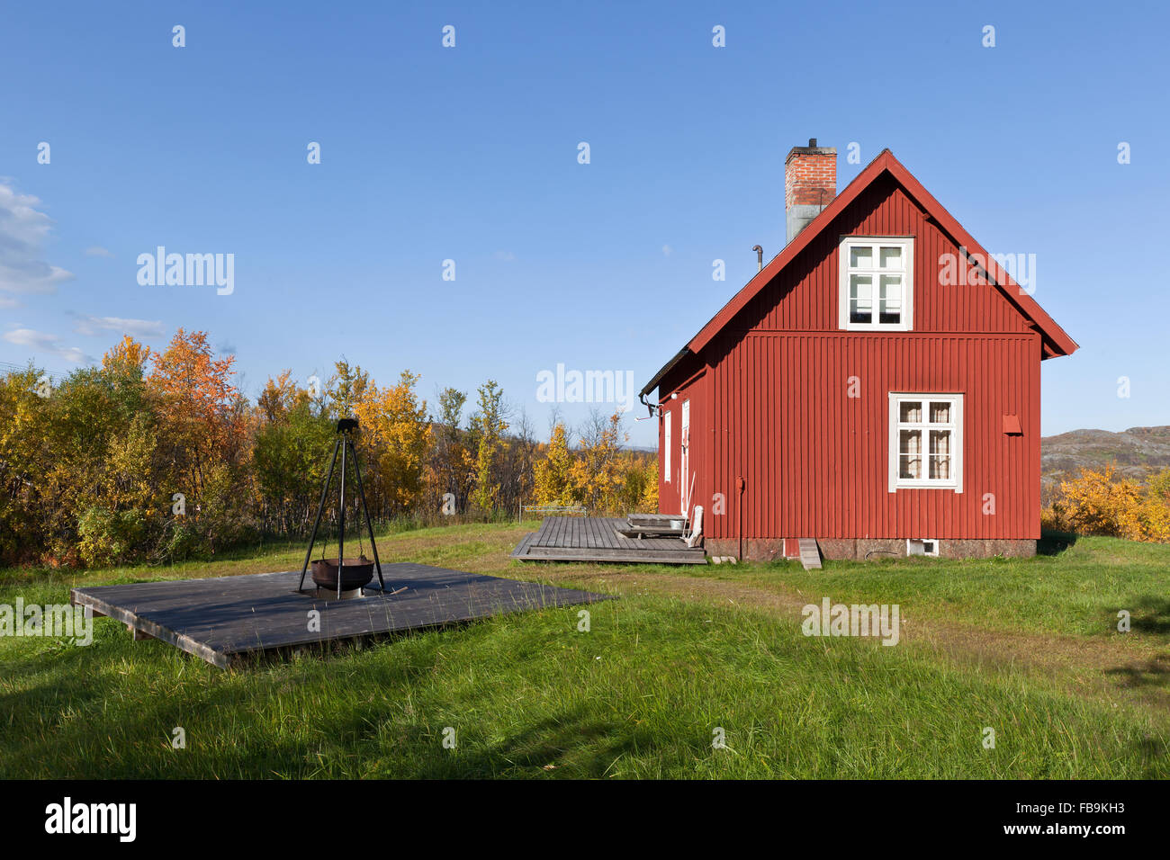 LAPLAND, SWEDEN ON SEPTEMBER 16, 2015. View of a Falu Red building and ...