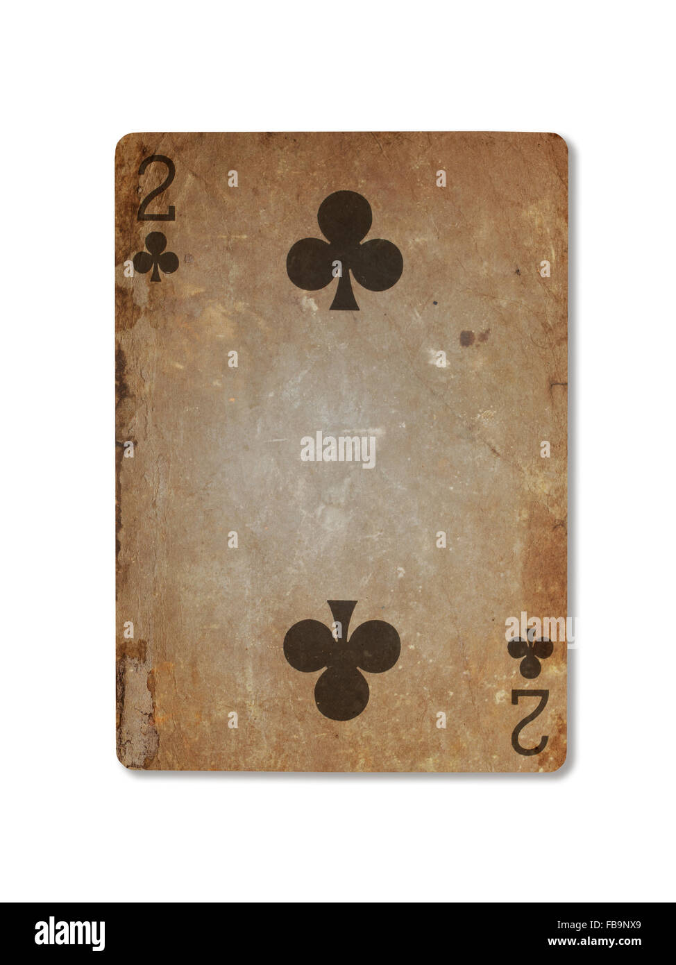 Very old playing card isolated on a white background, two of clubs ...
