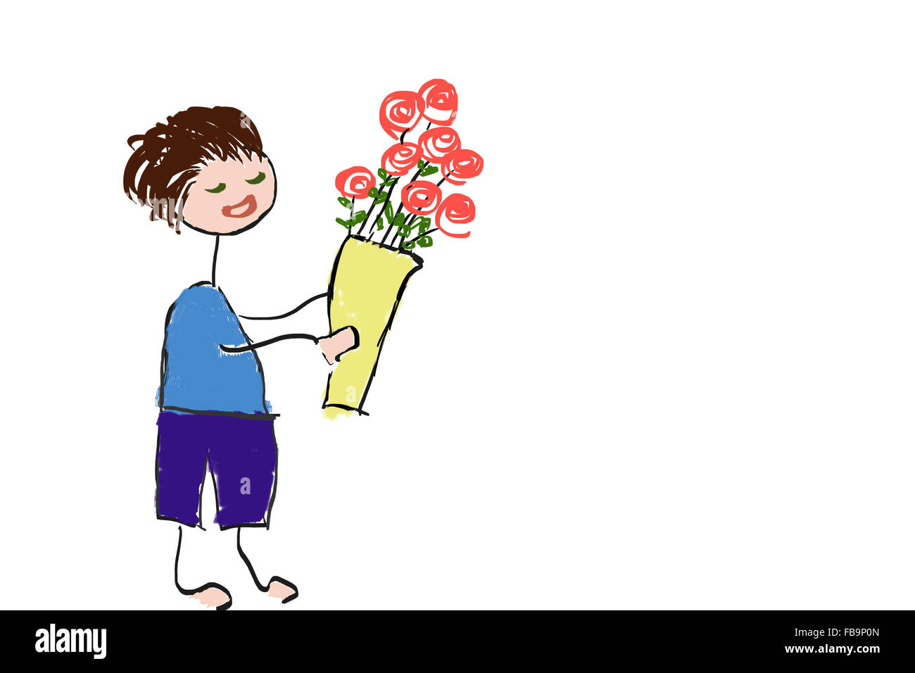 Drawing of young man preparing to give a roses bouquet Stock Photo - Alamy