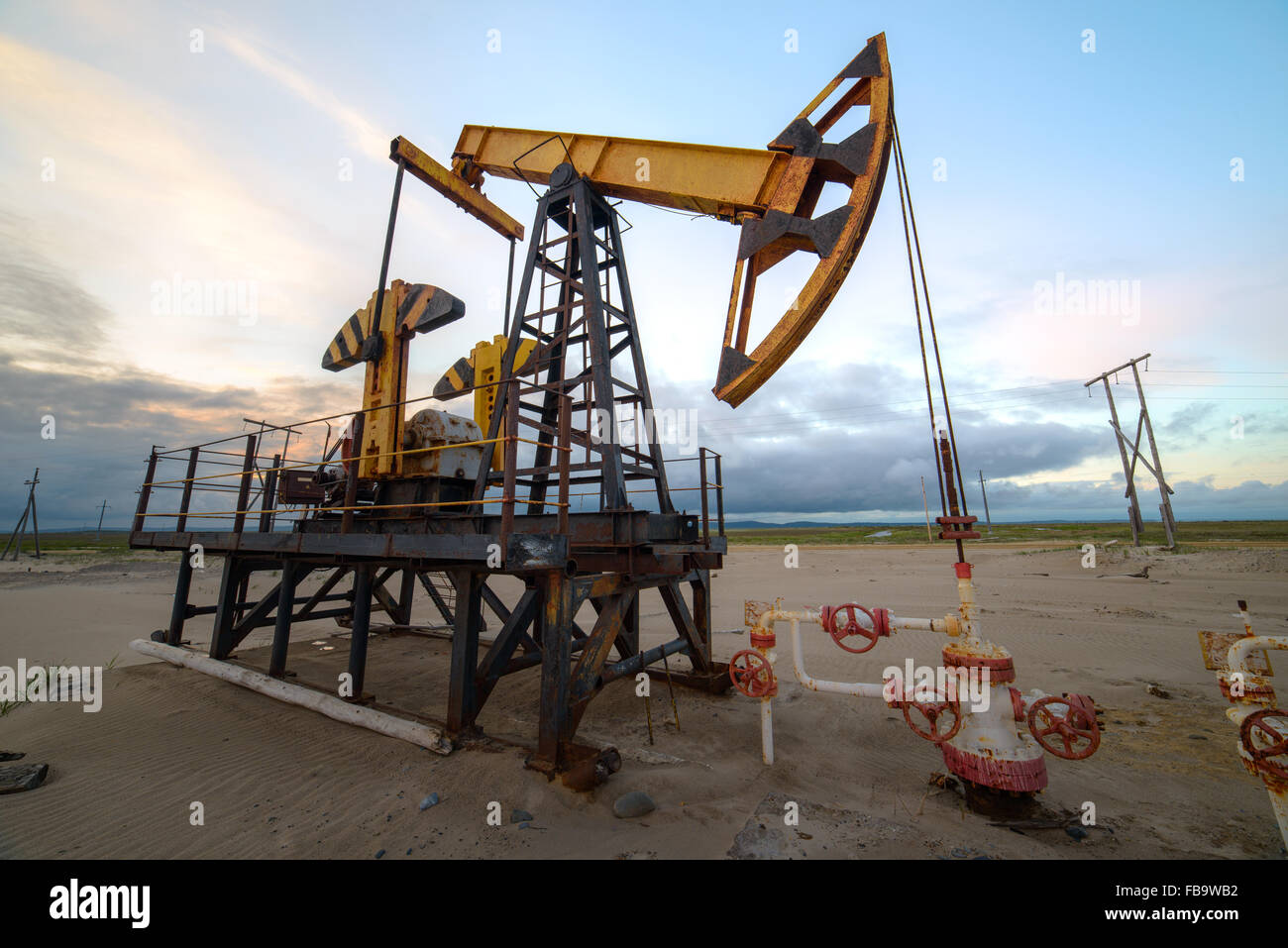 Oil field equipment. Northern part of Sakhalin Island, Russia, sand ...