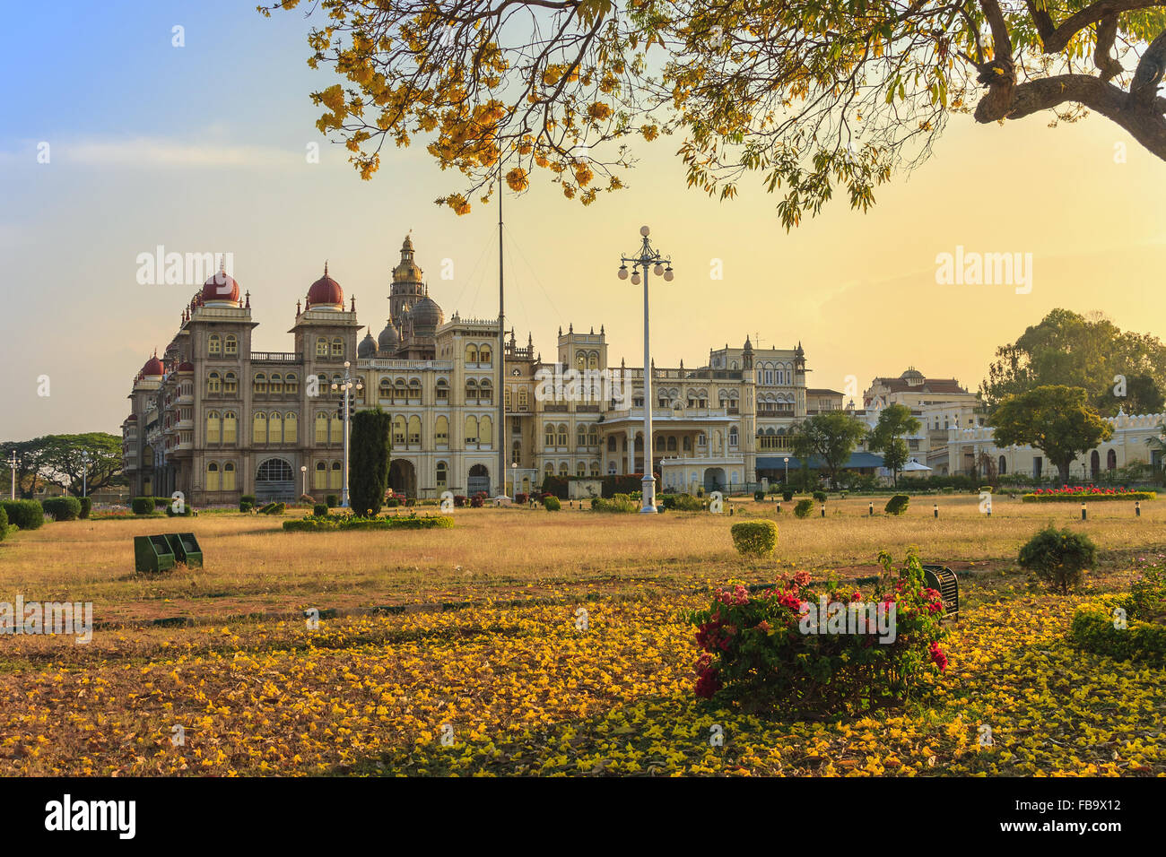 sunset at Mysore Palace and flower garden - Mysore - India Stock Photo ...