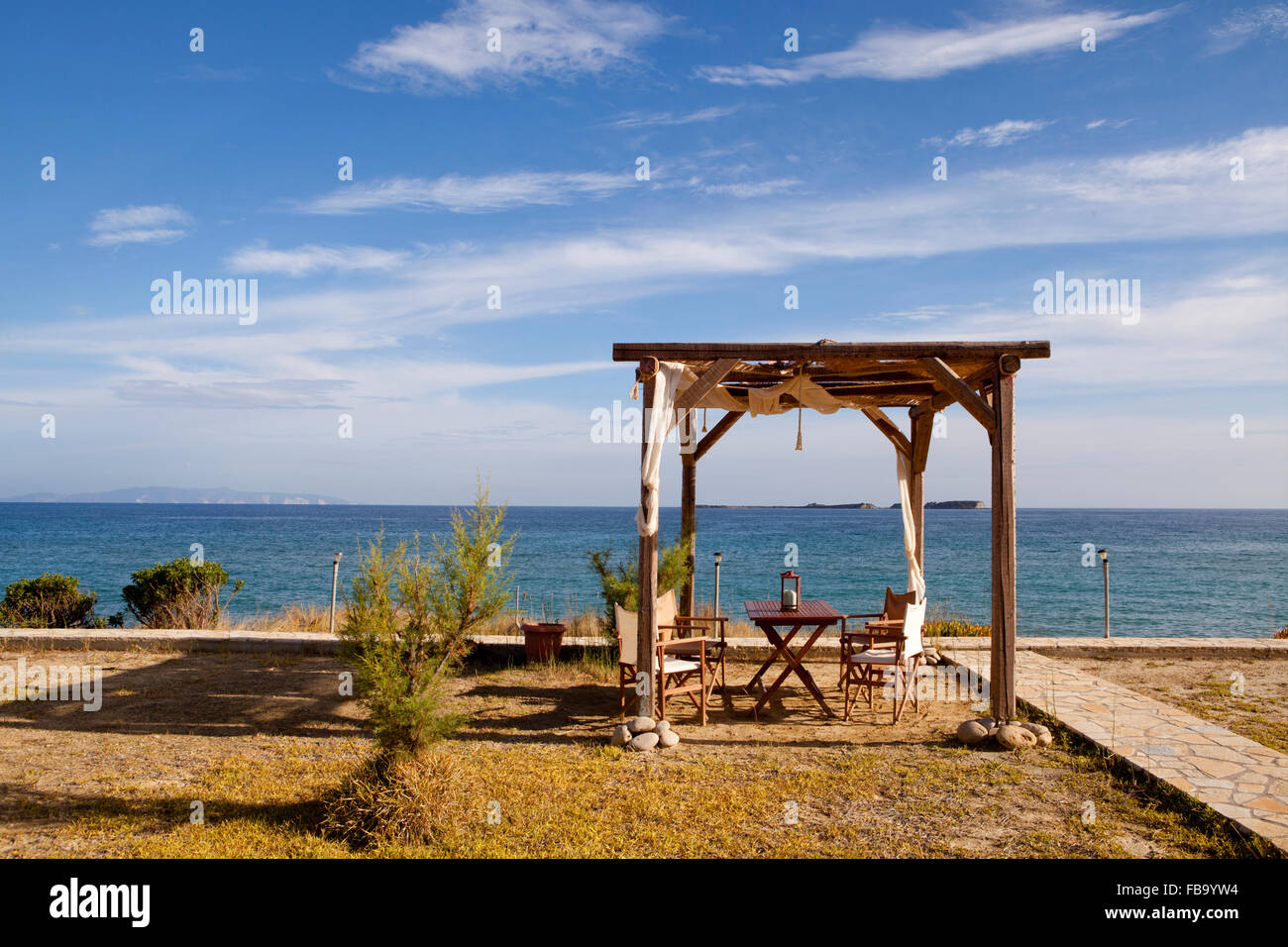 Summer porch with view over the ocean. Mega lakkos beach, Lixouri ...