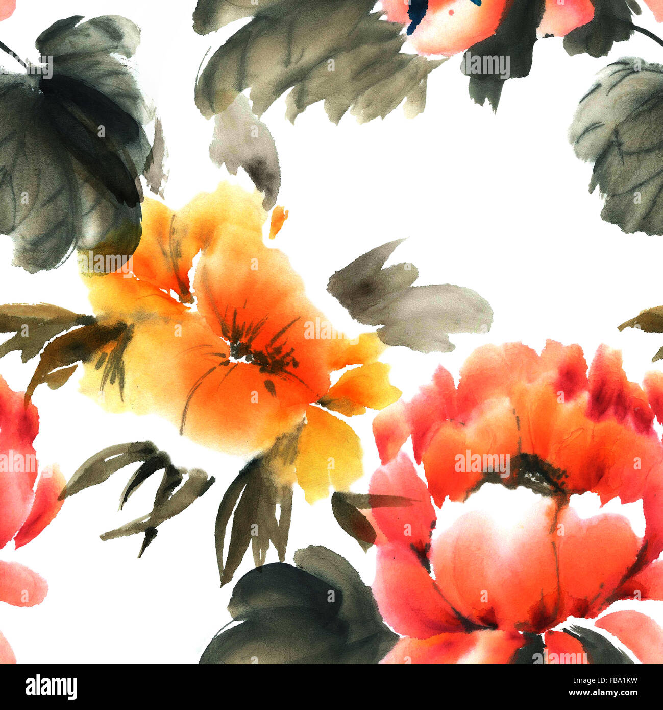 Watercolor and ink illustration in style sumi-e, u-sin. Oriental ...