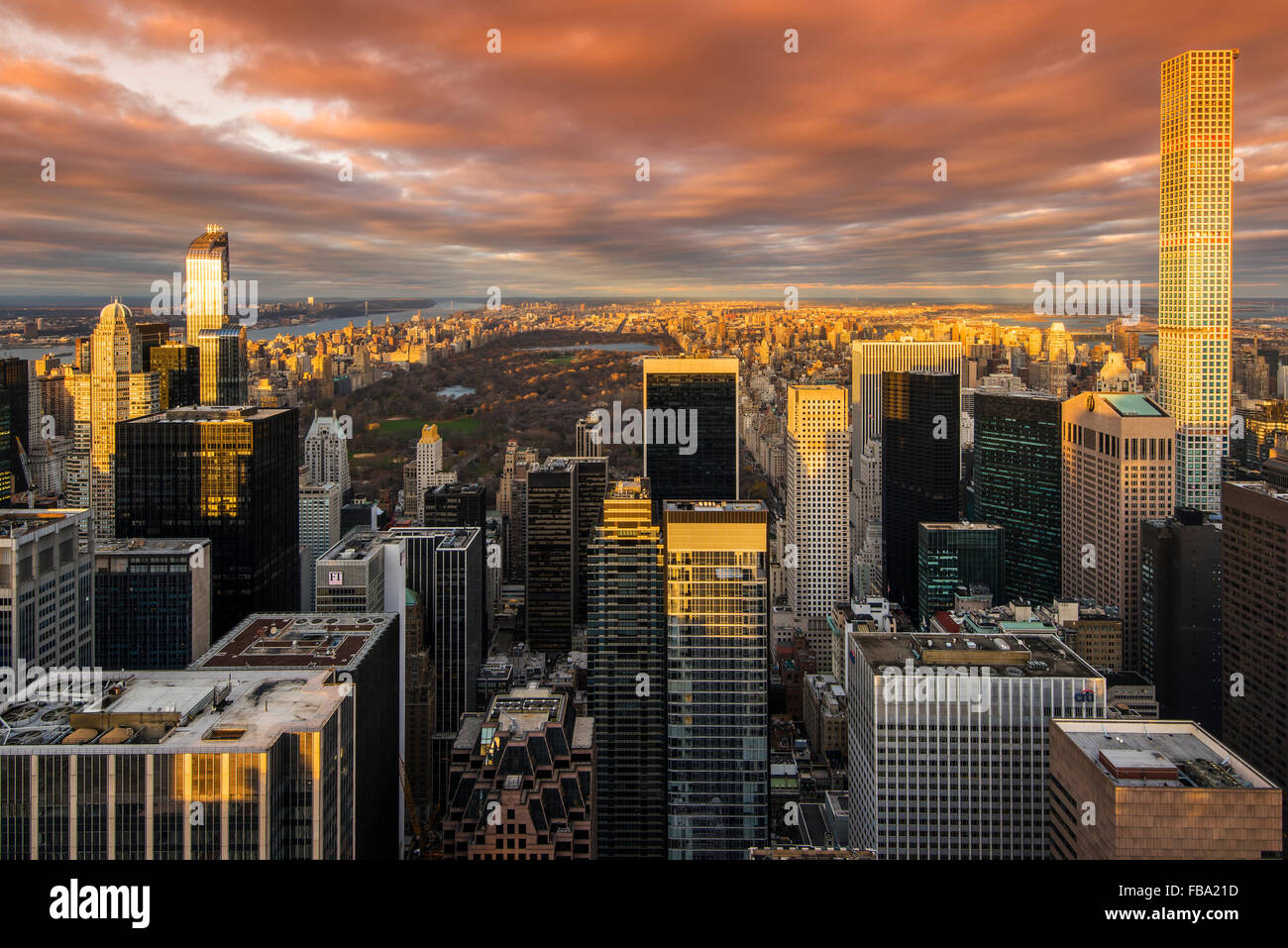 Top view at sunset over Central Park and Upper Manhattan, New York, USA ...