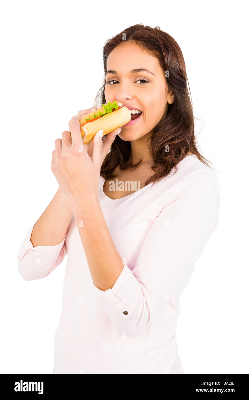 Smiling woman eating sandwich Stock Photo - Alamy Smiling woman eating sandwich Stock Photo - Alamy