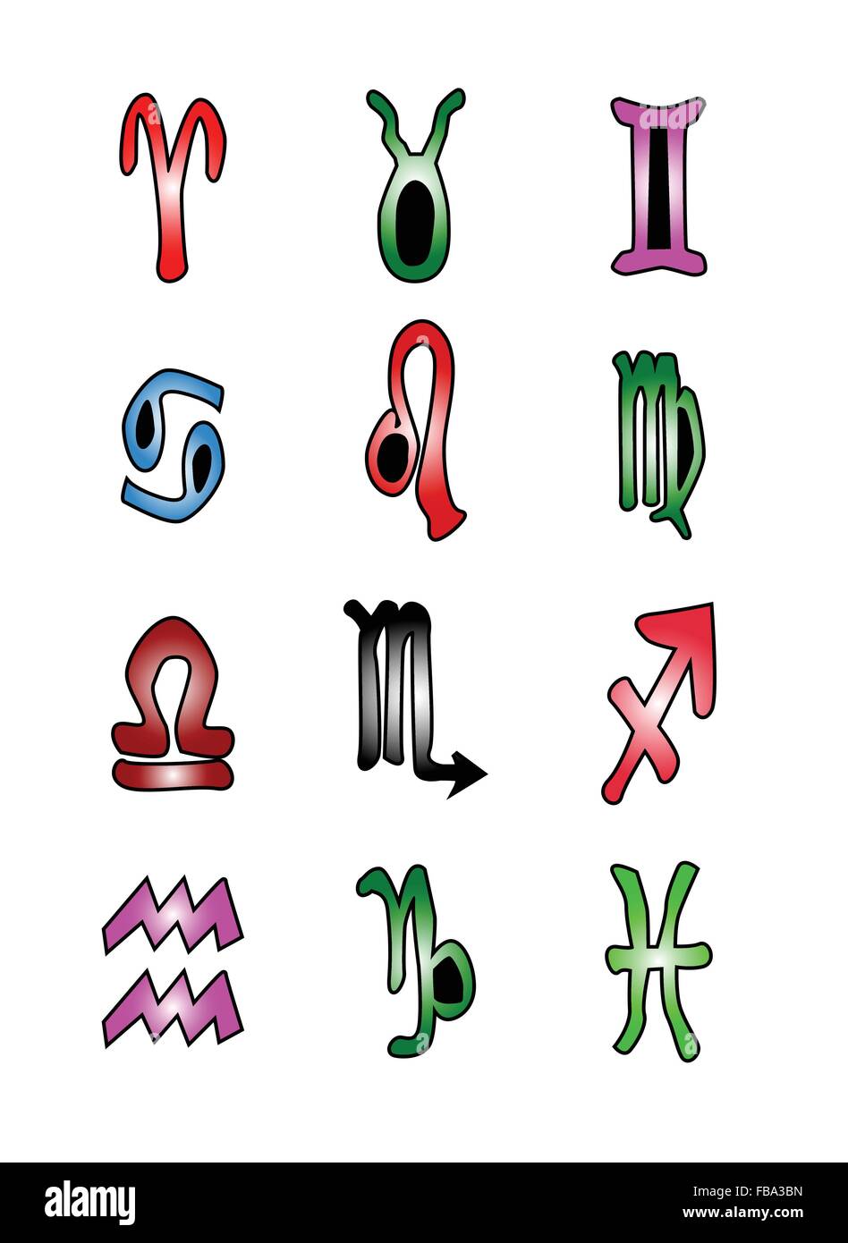A collection of the twelve astrology icons over a white background ...
