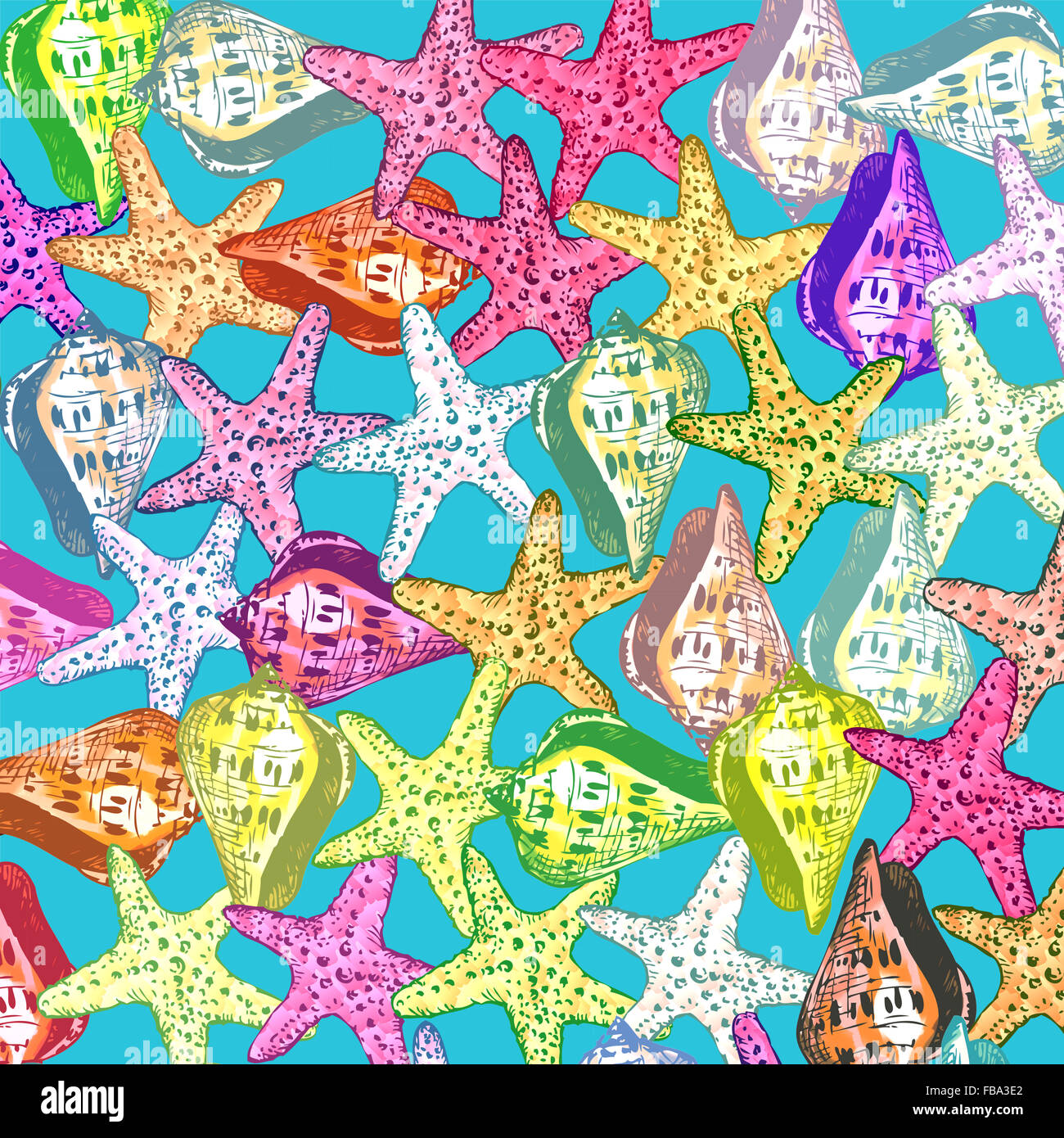 Multicolored seashells and sea stars on a light blue background Stock ...