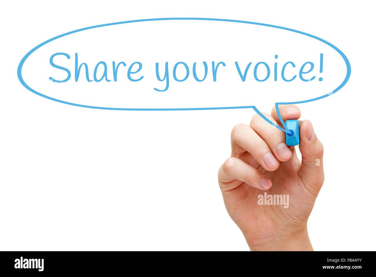 Hand sketching Share Your Voice speech bubble concept with blue marker ...