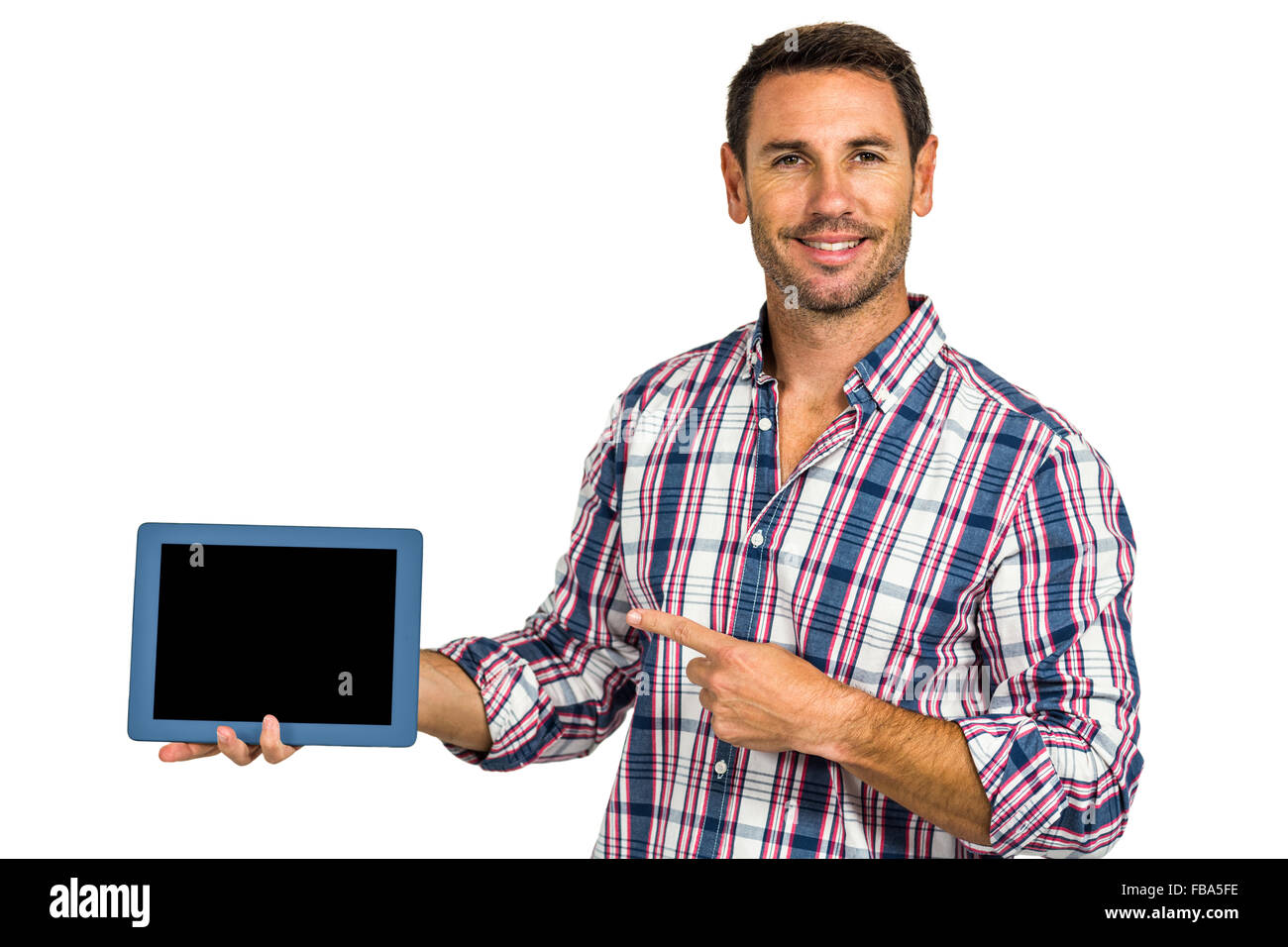 Man showing tablet screen at camera Stock Photo - Alamy