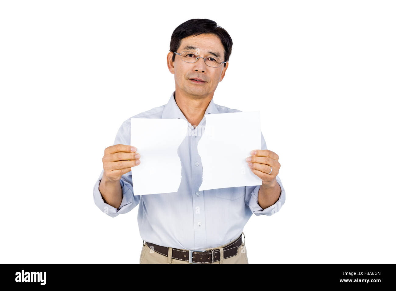 Older asian man showing ripped page Stock Photo - Alamy
