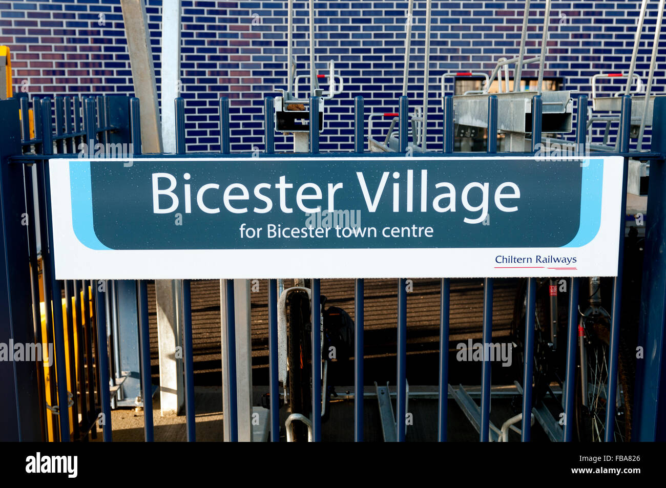 Bicester Village railway station sign, Oxfordshire, UK Stock Photo - Alamy