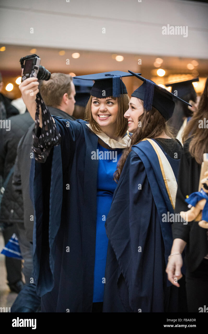 Young happy female grauands take selfie, graduation ceremony Stock ...