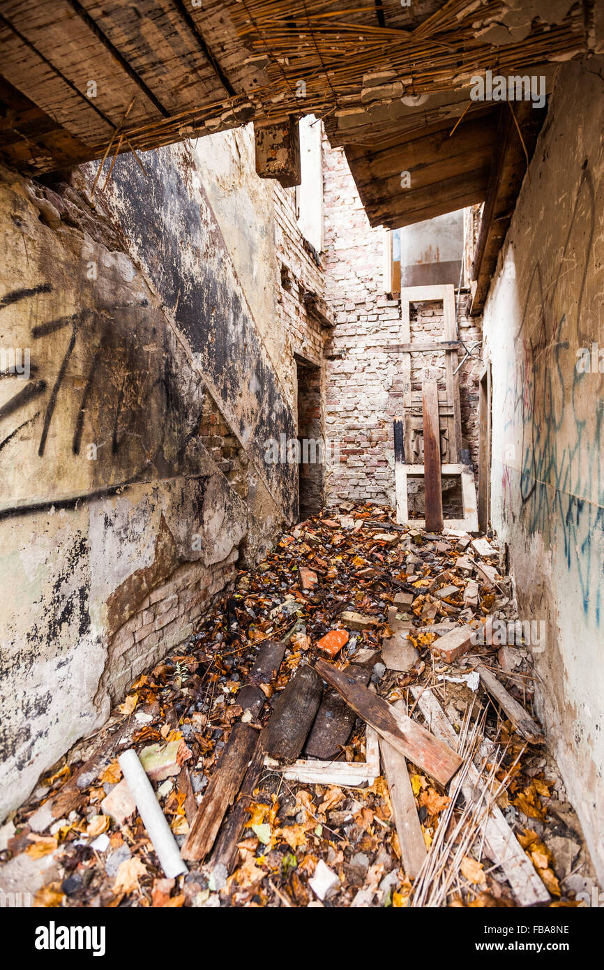 Interior ruins of an abandoned brick building, slowly decaying Stock ...
