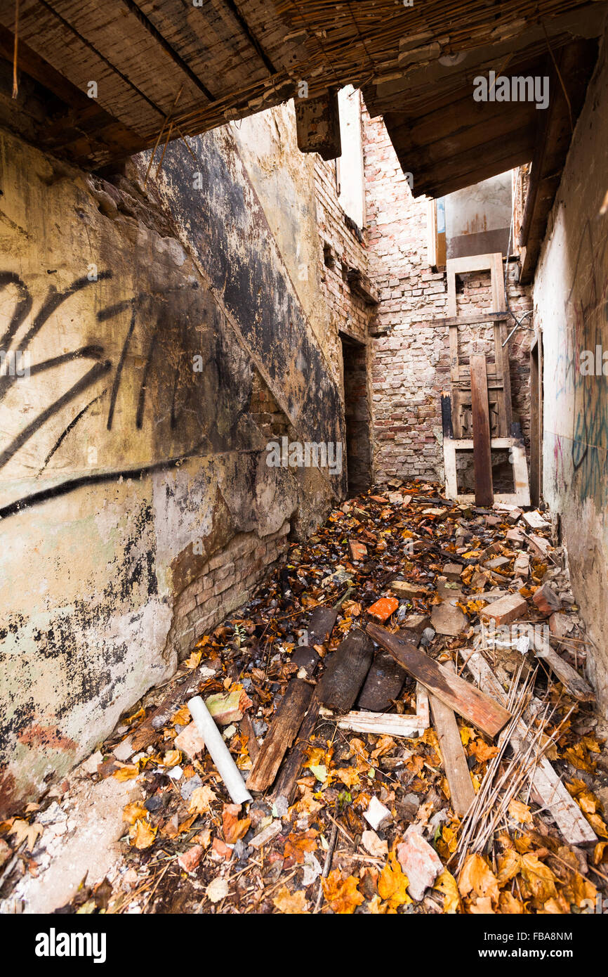 Interior ruins of an abandoned brick building, slowly decaying Stock ...