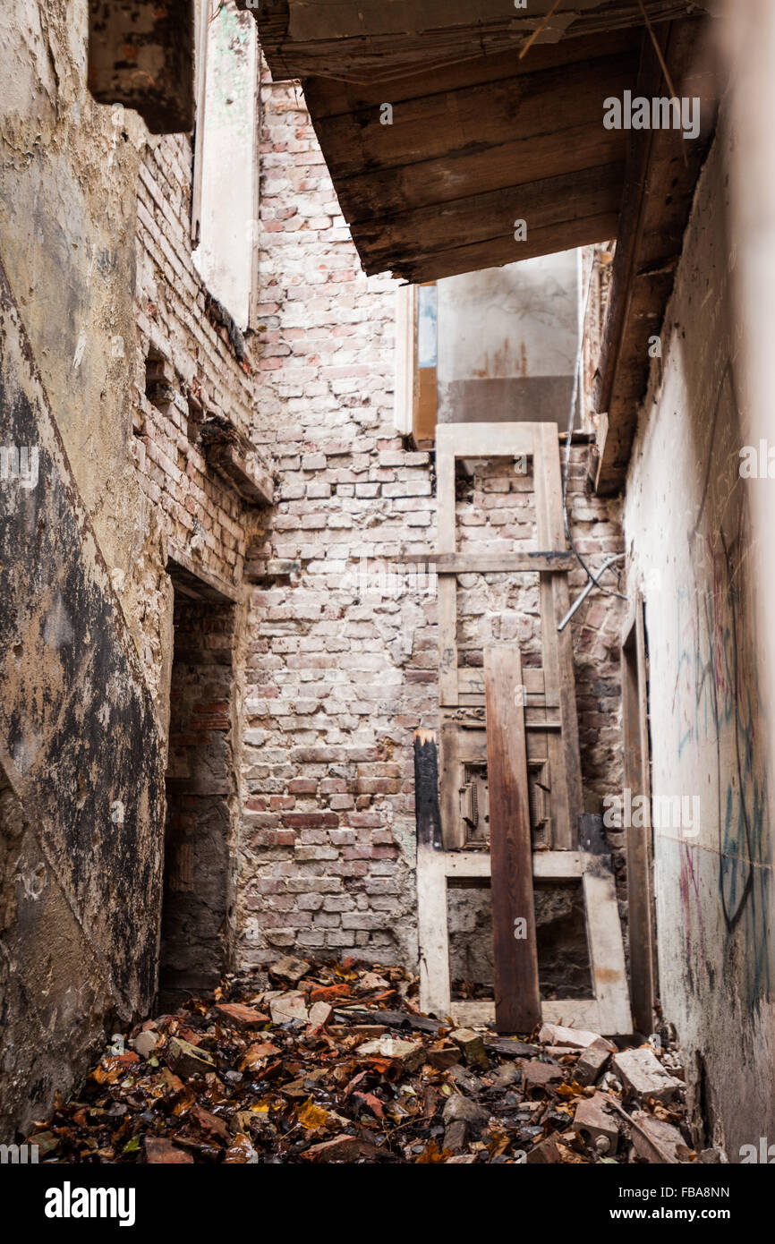 Interior ruins of an abandoned brick building, slowly decaying Stock ...