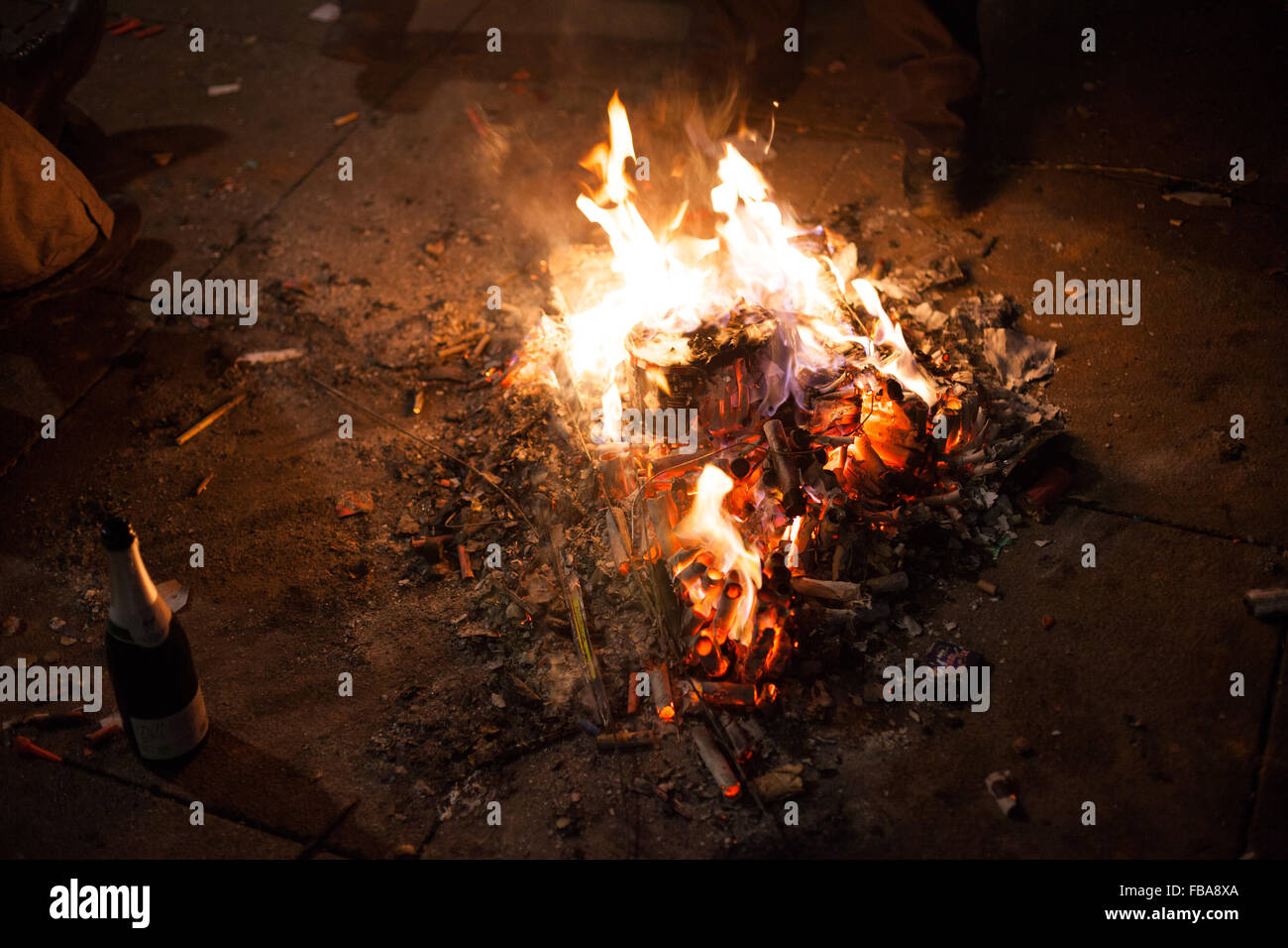 Fire built out of spent fireworks by homeless to keep warm, Berlin New ...