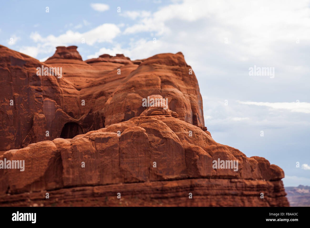 Red sandstone butte, Arches National Park, tilt shift effect Stock ...