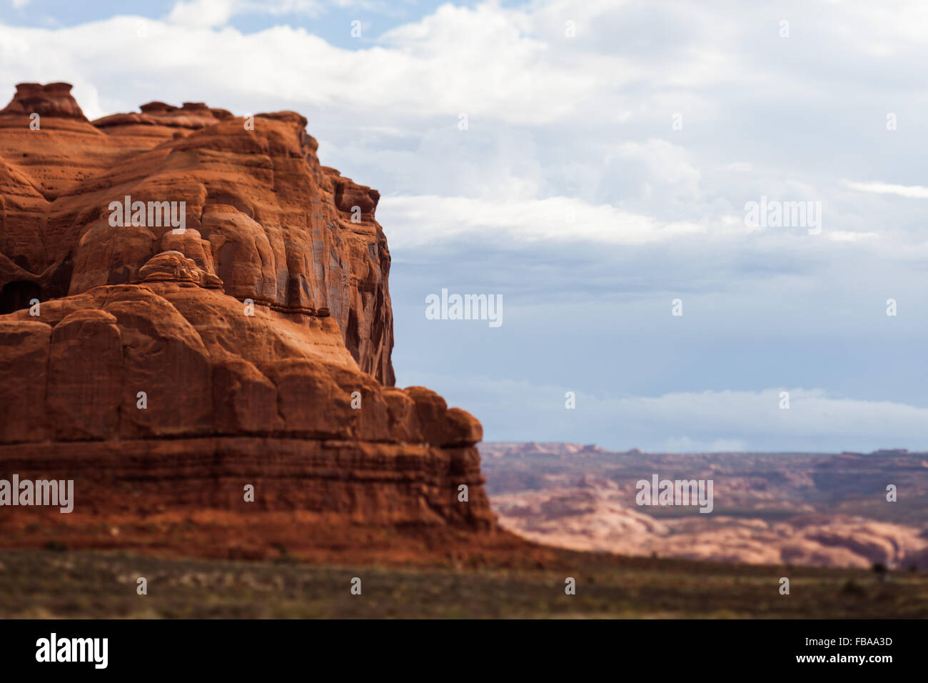 Red sandstone butte, Arches National Park, tilt shift effect Stock ...