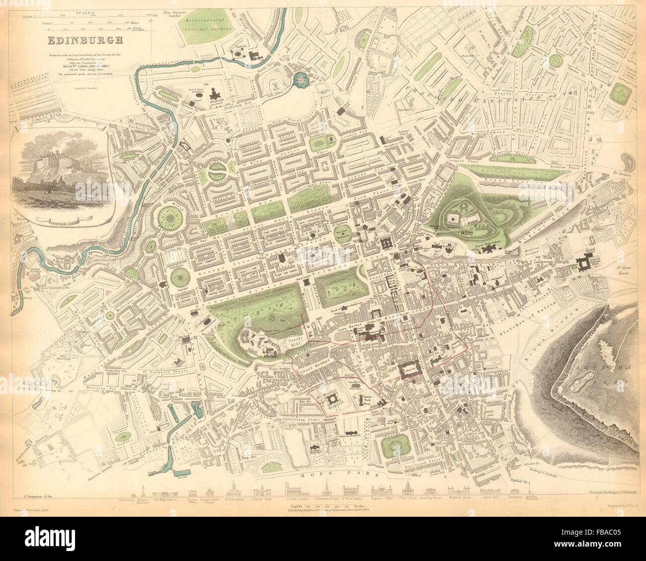 EDINBURGH. Antique town city map plan. Key buildings profiles. SDUK ...