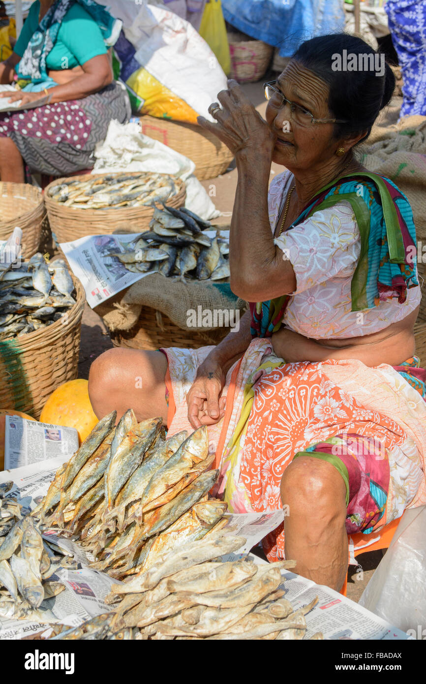 Indian woman selling dried fish at Mapusa's lively Friday market ...