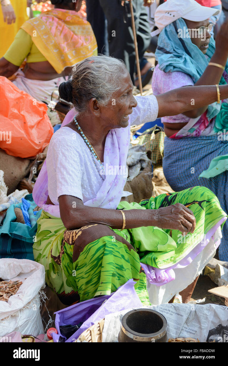 Indian woman selling dried fish at Mapusa's lively Friday market ...