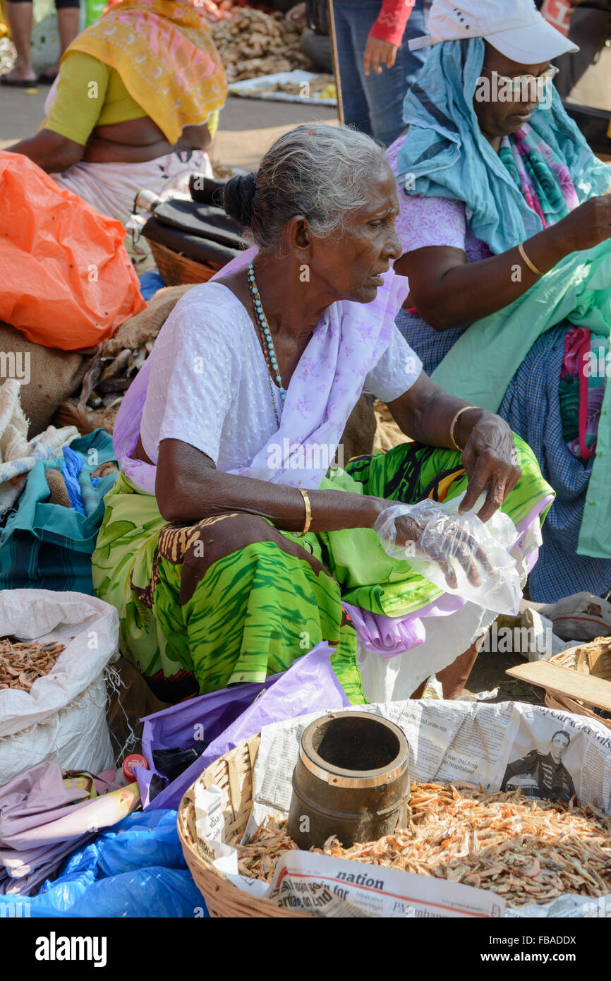 Indian woman selling dried fish at Mapusa's lively Friday market ...
