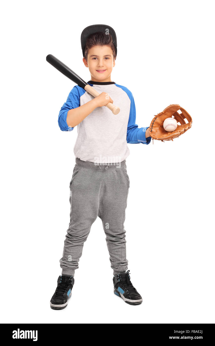 Full length portrait of a cute boy holding a baseball bat and a ...