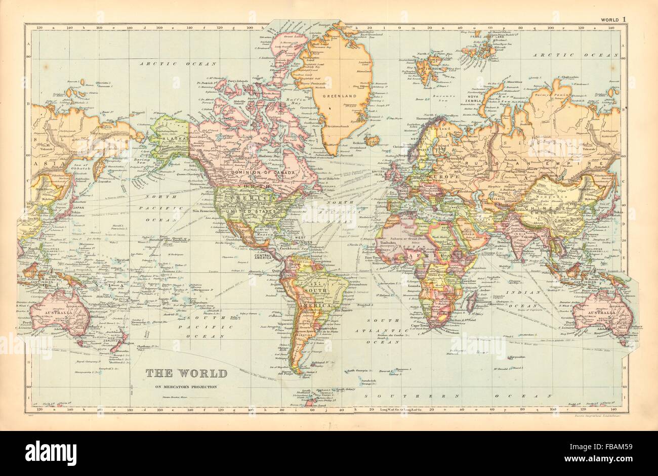 WORLD ON MERCATOR'S PROJECTION. Showing shipping routes. BACON, 1904 ...
