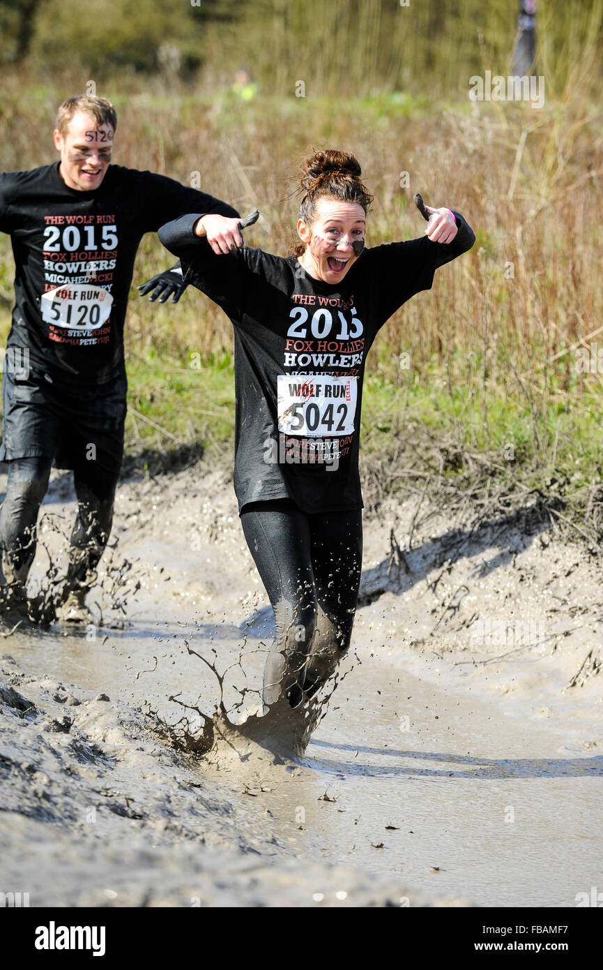 Female runner stuck in mud at obstacle course race, UK Stock Photo - Alamy