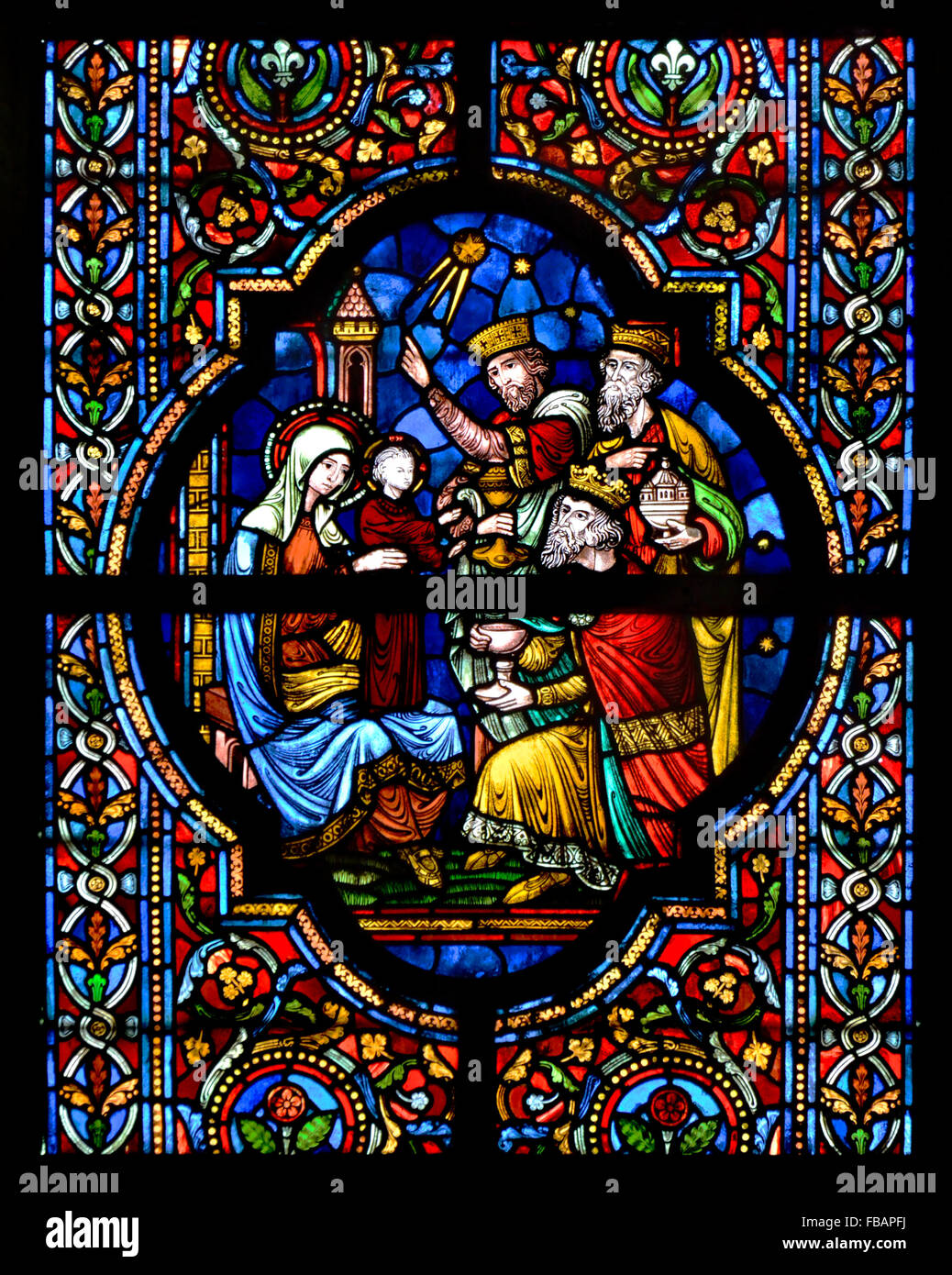 Dinant, Belgium. Eglise Notre-Dame. Stained glass window. Three kings ...