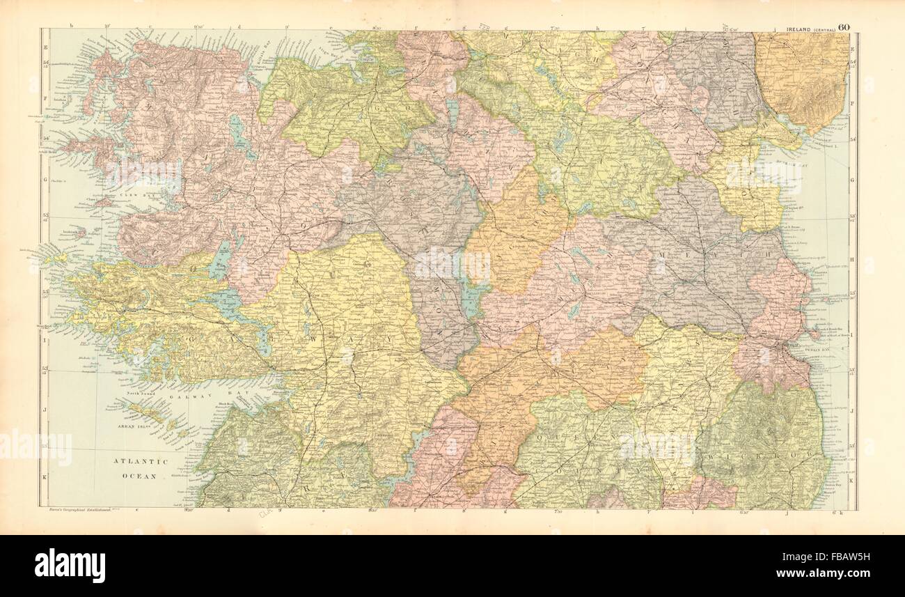 IRELAND CENTRAL. Parliamentary divisions. Railways. BACON, 1904 antique ...