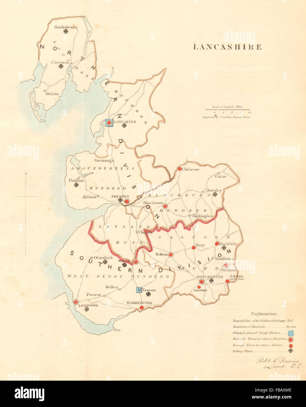 Lancashire county map. Divisions boroughs electoral. REFORM ACT. DAWSON ...