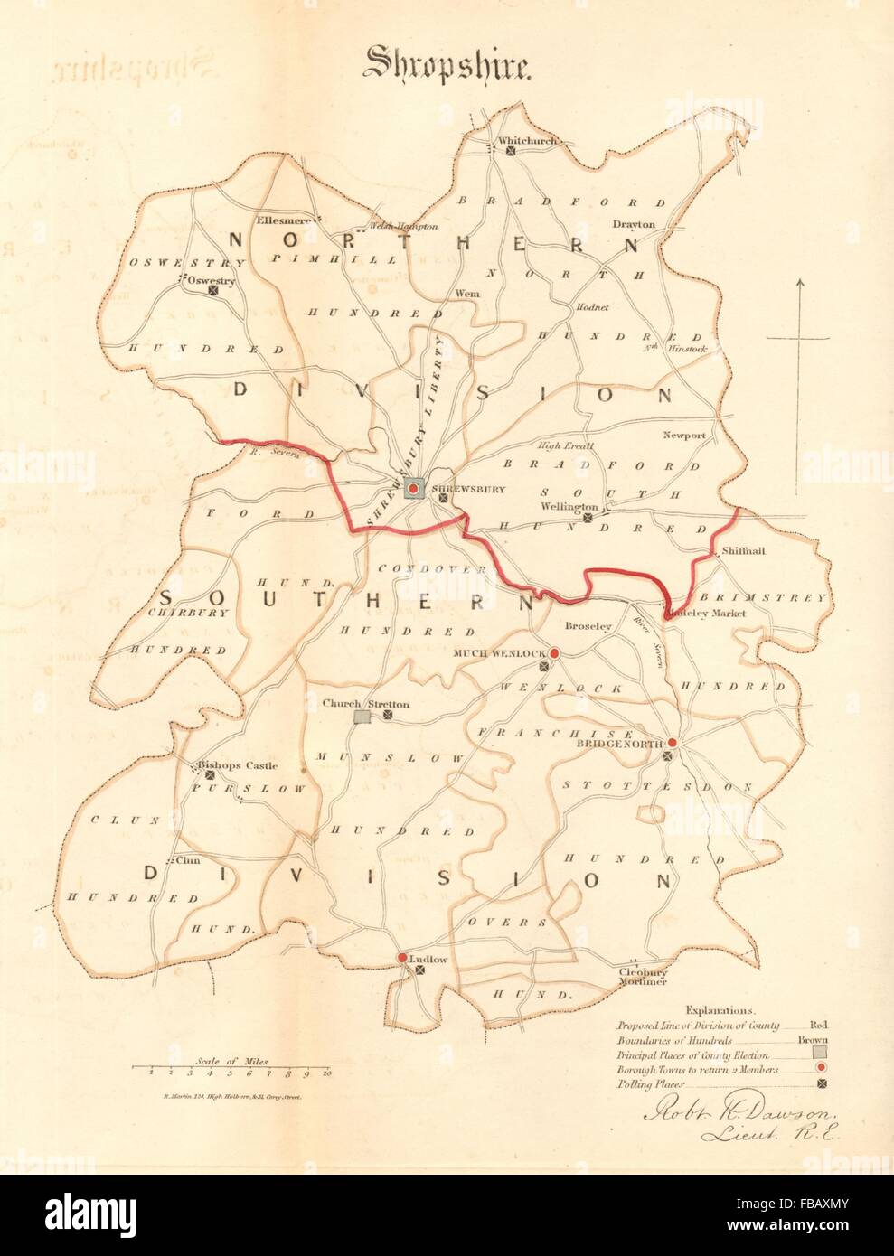 Shropshire county map. Divisions boroughs electoral. REFORM ACT. DAWSON ...