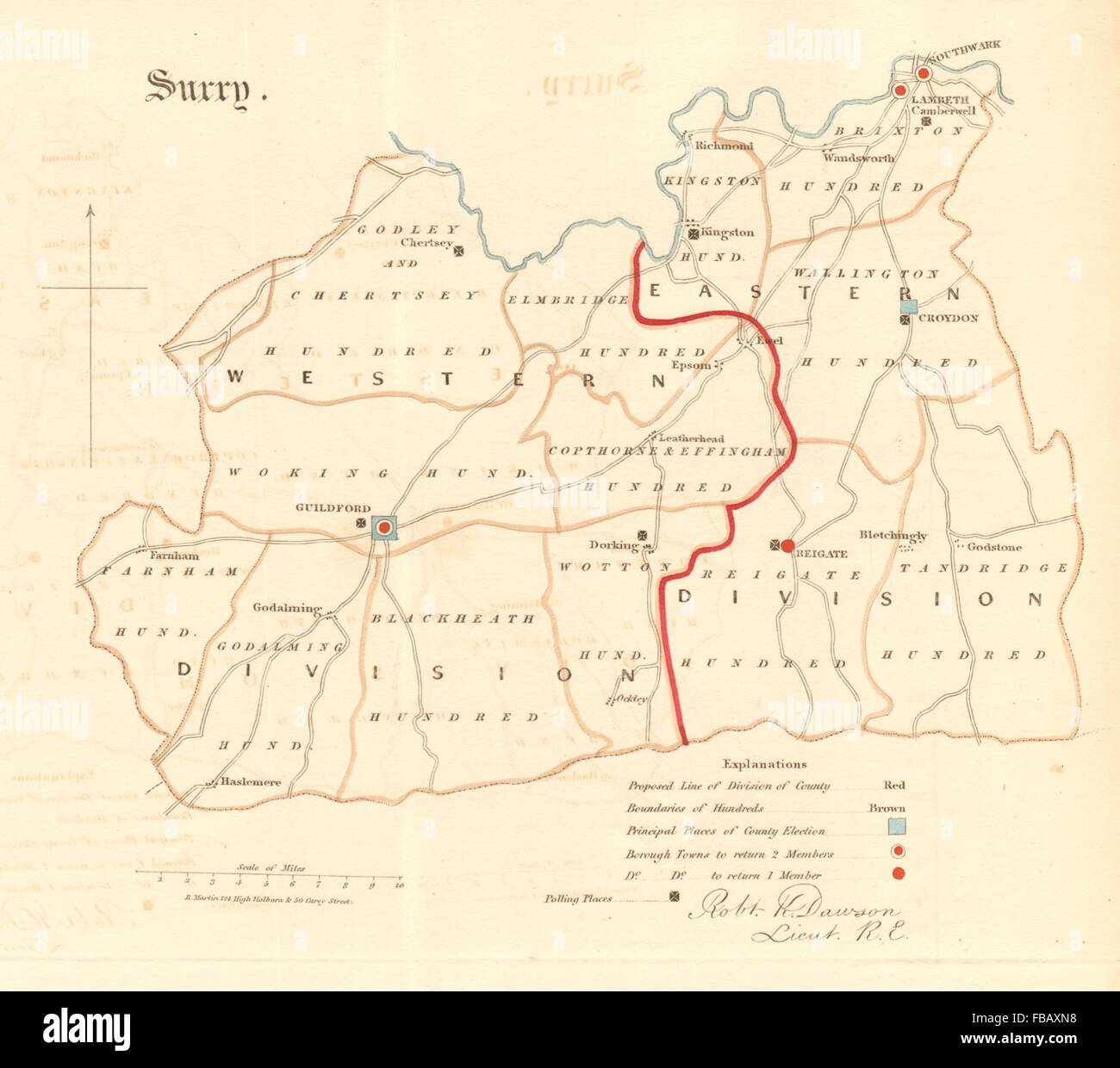 Surrey county map. Divisions boroughs electoral. REFORM ACT. DAWSON ...