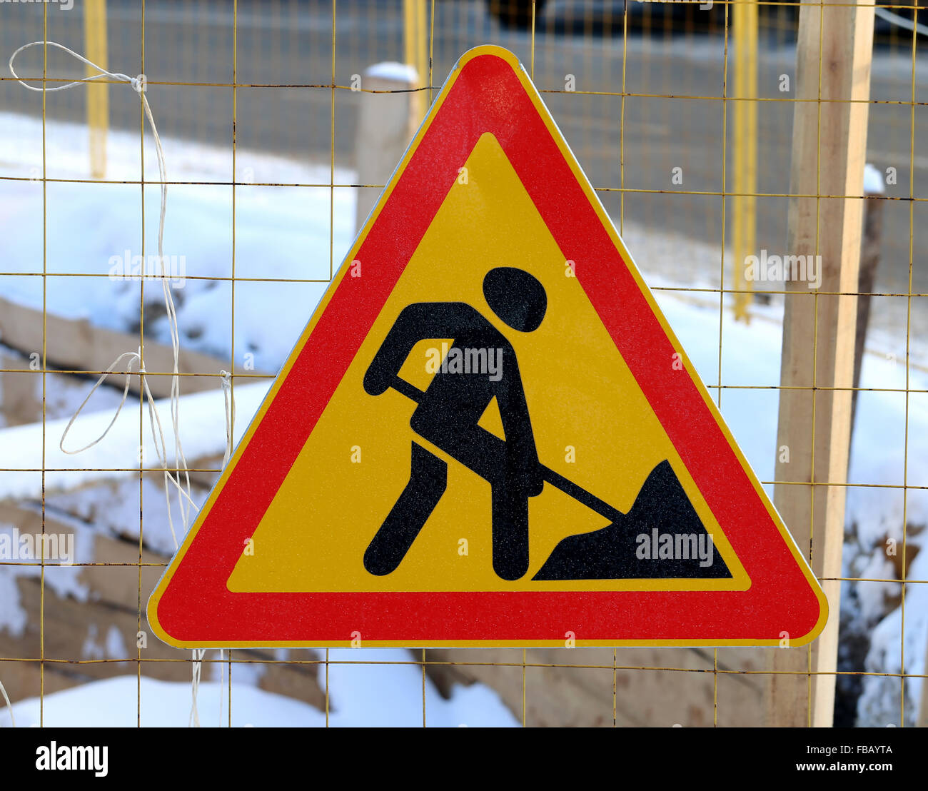 Road sign of work on the road photographed close up Stock Photo - Alamy