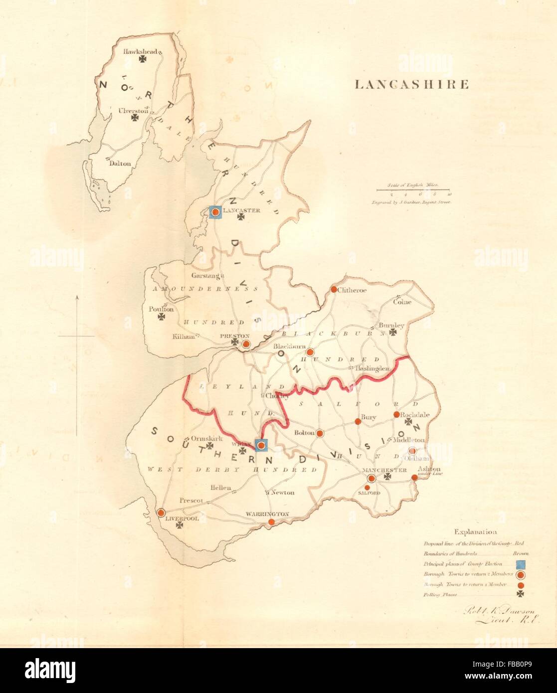 Lancashire county map. Divisions boroughs electoral. REFORM ACT. DAWSON ...
