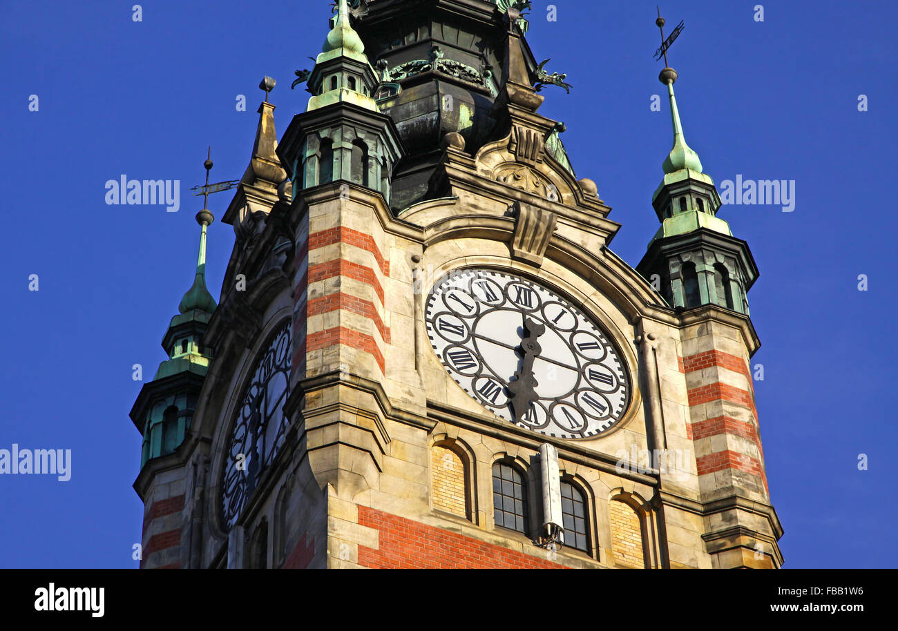 Clock Tower of historic building of the Railway station in Gdansk ...