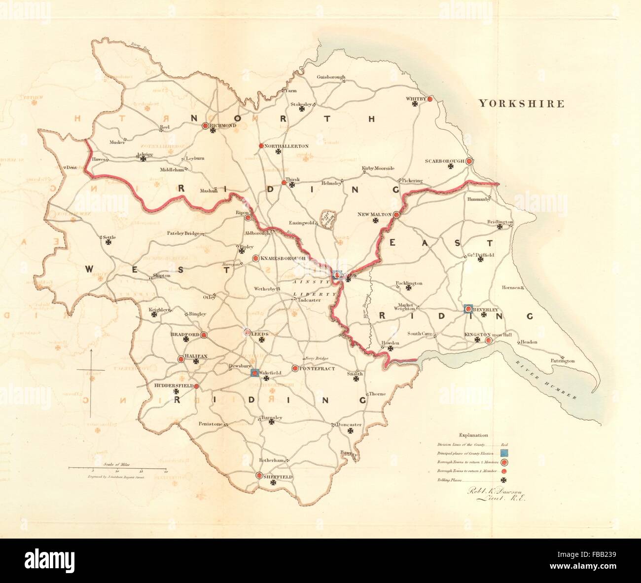 Yorkshire county map. Ridings boroughs electoral. REFORM ACT. DAWSON ...