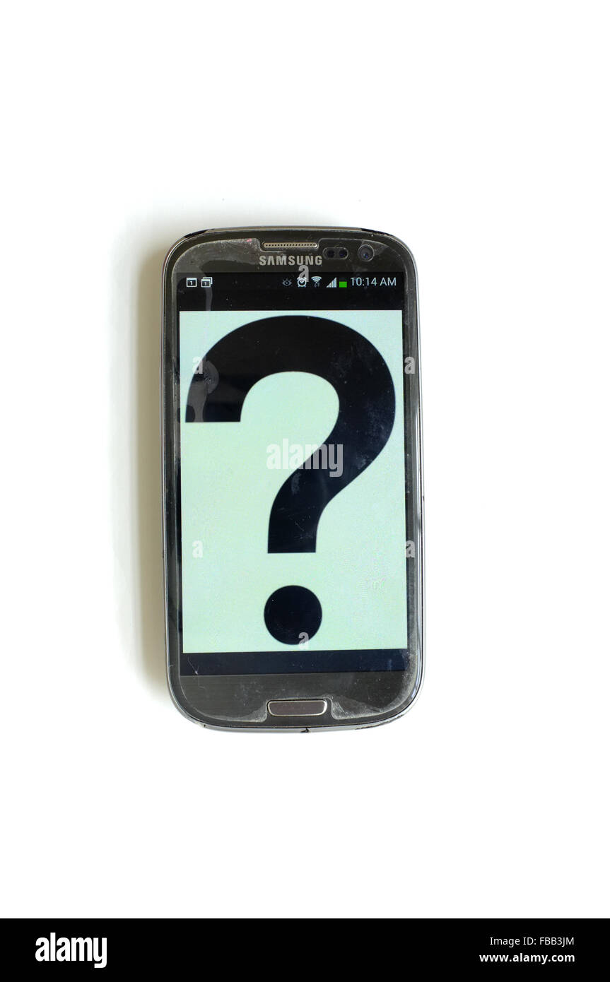 A question mark on a smartphone screen photographed against a white ...