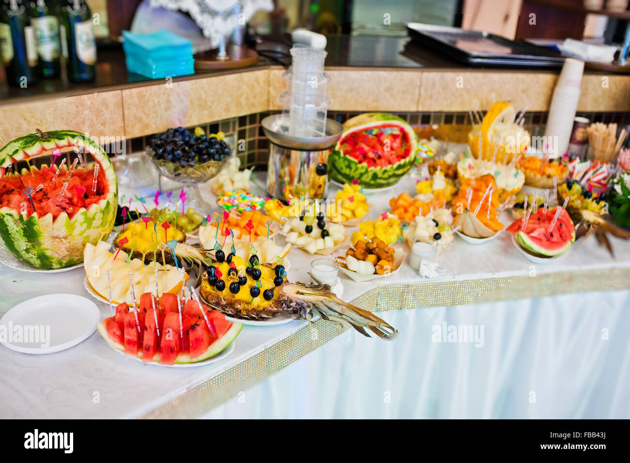 Wedding reception with watermelon, pineapple and other fruits Stock ...