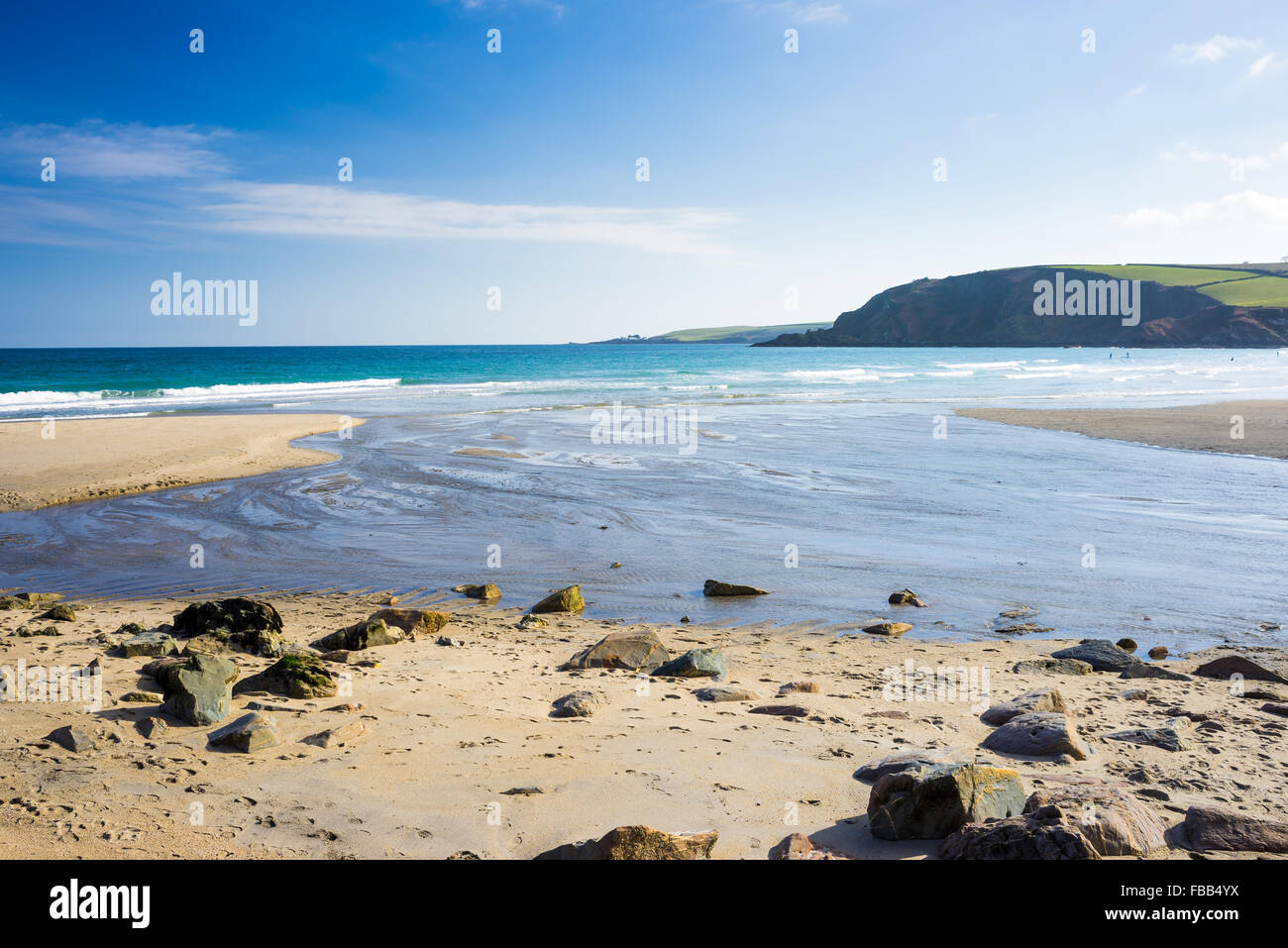 The river and beach at Pentewan Sands Cornwall England UK Stock Photo ...
