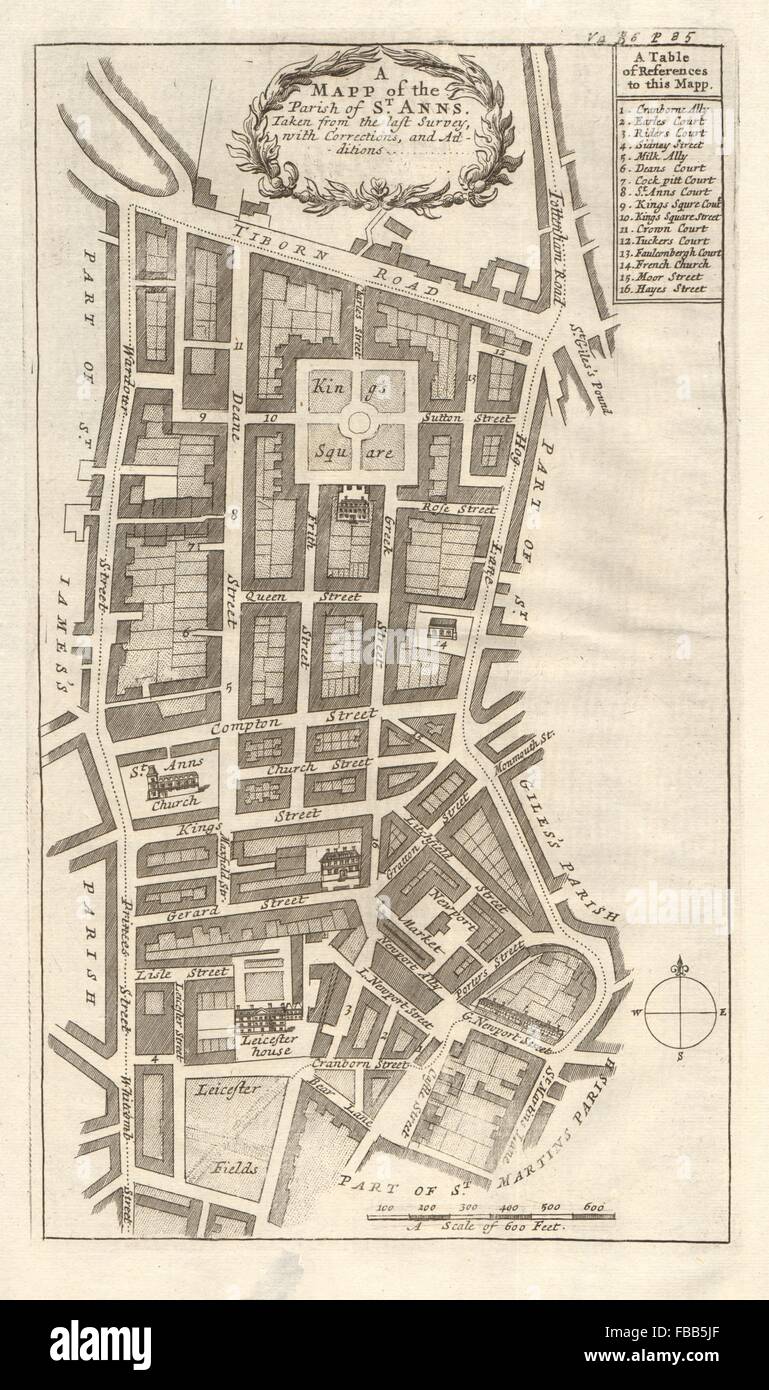 SOHO, LONDON. The Parish of St Anne's. STOW/STRYPE, 1720 antique map ...
