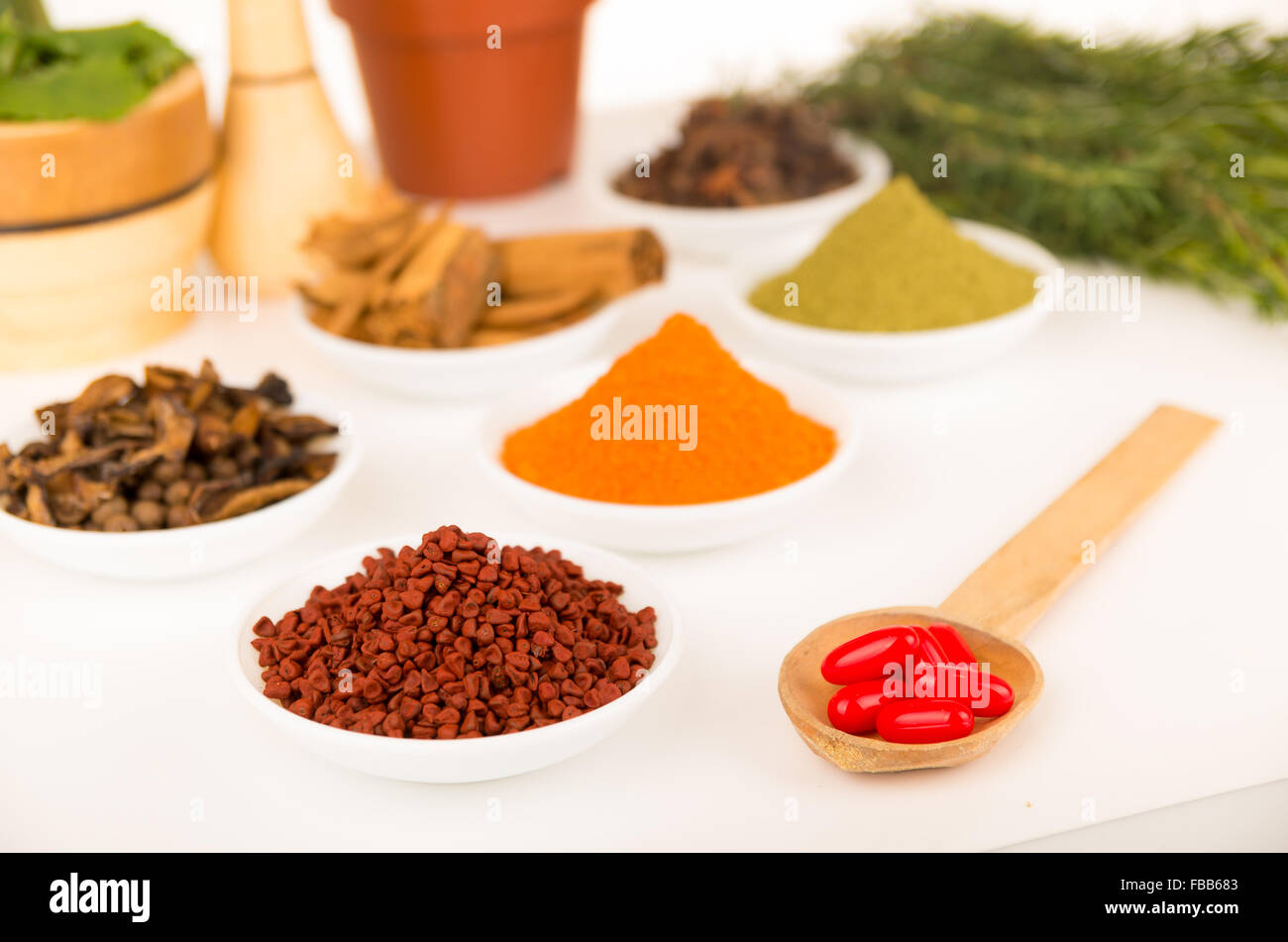 Beautiful delicate colorful display of different spices red orange ...
