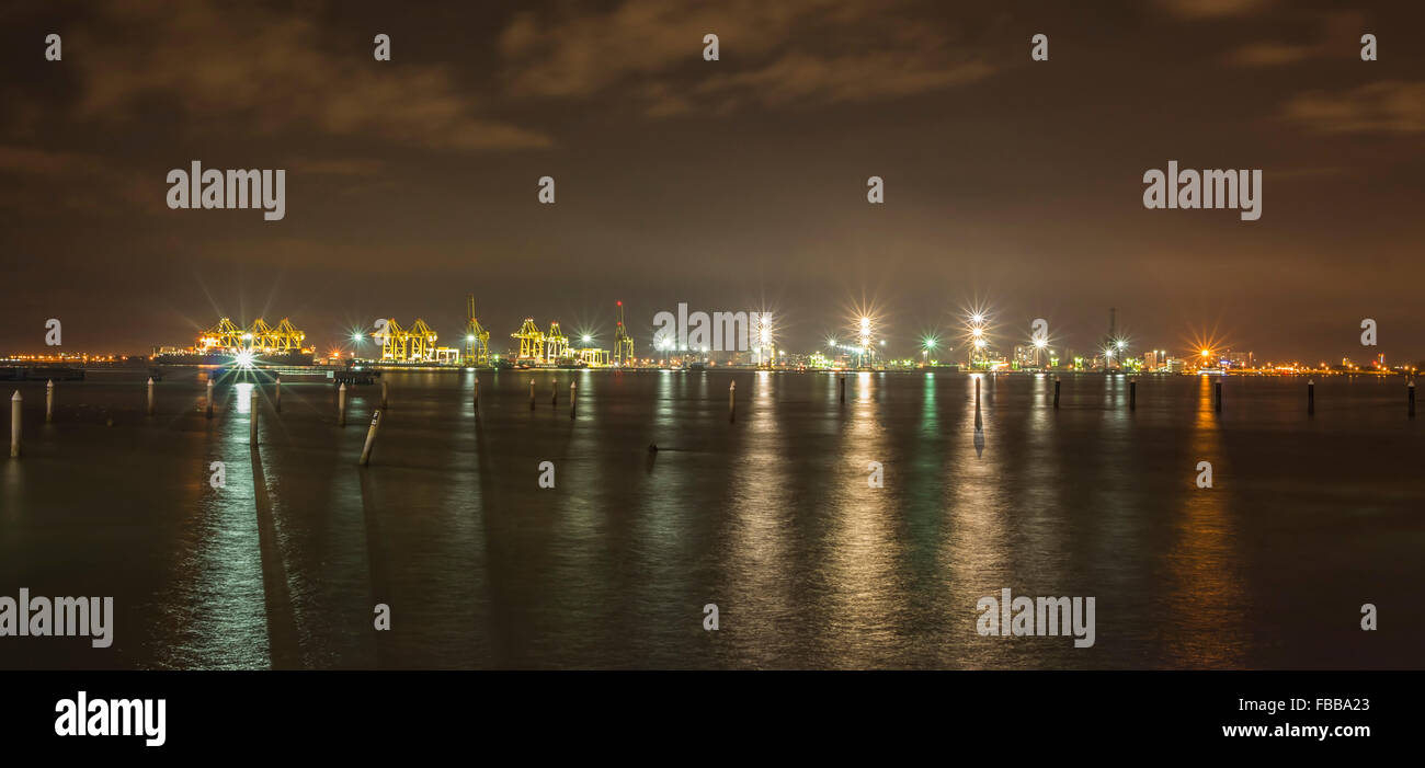 Night view of port cargo container terminal in Butterworth, Penang ...