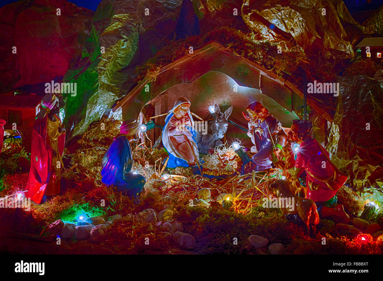 Statues in a Christmas Nativity scene, the Blessed Virgin Mary and ...