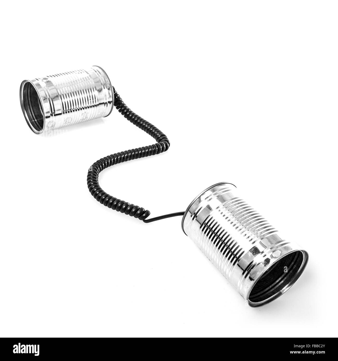 Tin can phones on white background Stock Photo - Alamy